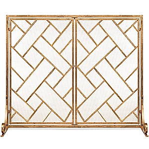Best Choice Products 44x33in 2-Panel Handcrafted Wrought Iron Decorative Mesh Geometric Fireplace Screen, Fire Spark Guard w/Magnetic Doors - Gold