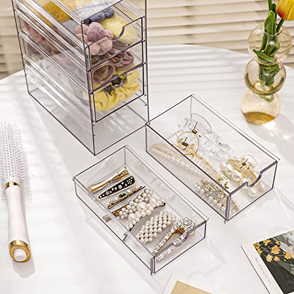 FABROK Clear Hair Accessory Organizer Box with 5 Drawers, Compact Storage Organization Drawers Set for Cosmetics, Glasses, Stationery, Stackable Storage Containers Box for Bathroom, Closet, Desk, Office