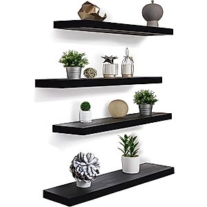 IKJZIZP Rustic Farmhouse Floating Shelves for Wall Decor Storage Wood Wooden Wall Shelves for Bedroom Bathroom Kitchen Living Room - Black Set of 4