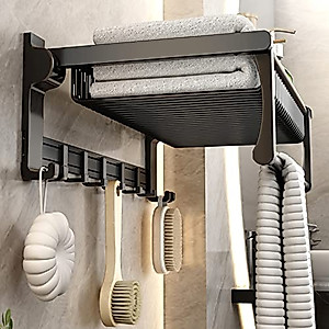 VOLPONE Towel Rack for Bathroom Towel Storage Wall Mounted Foldable Towel Shelf with Towel Bar Hooks No Assembly Required 24-Inch Black