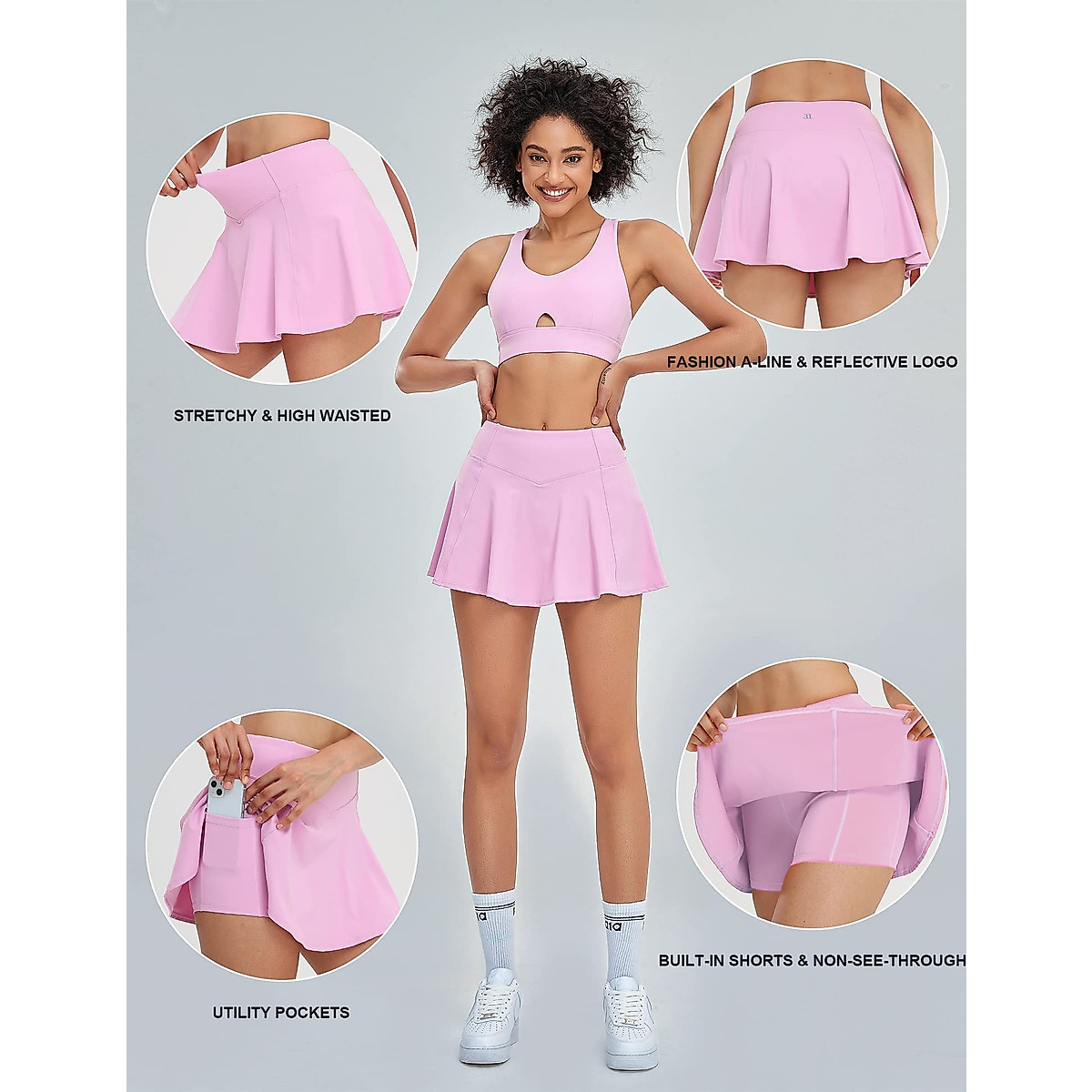 1a1a Women’s Tennis Skirts with Shorts Pockets High Waist Tummy Control Light Pink X-Small