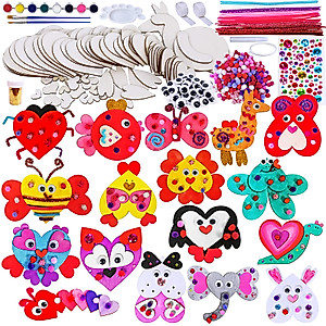 17 Sets Valentine Wood Painting Craft Kits Wooden Heart Animal Ornaments Art Sets DIY Wood Heart Dog Cat Butterfly Fish Bee Owl Dog Llama Creativity Decorations for Kids Valentine Spring Party Favors