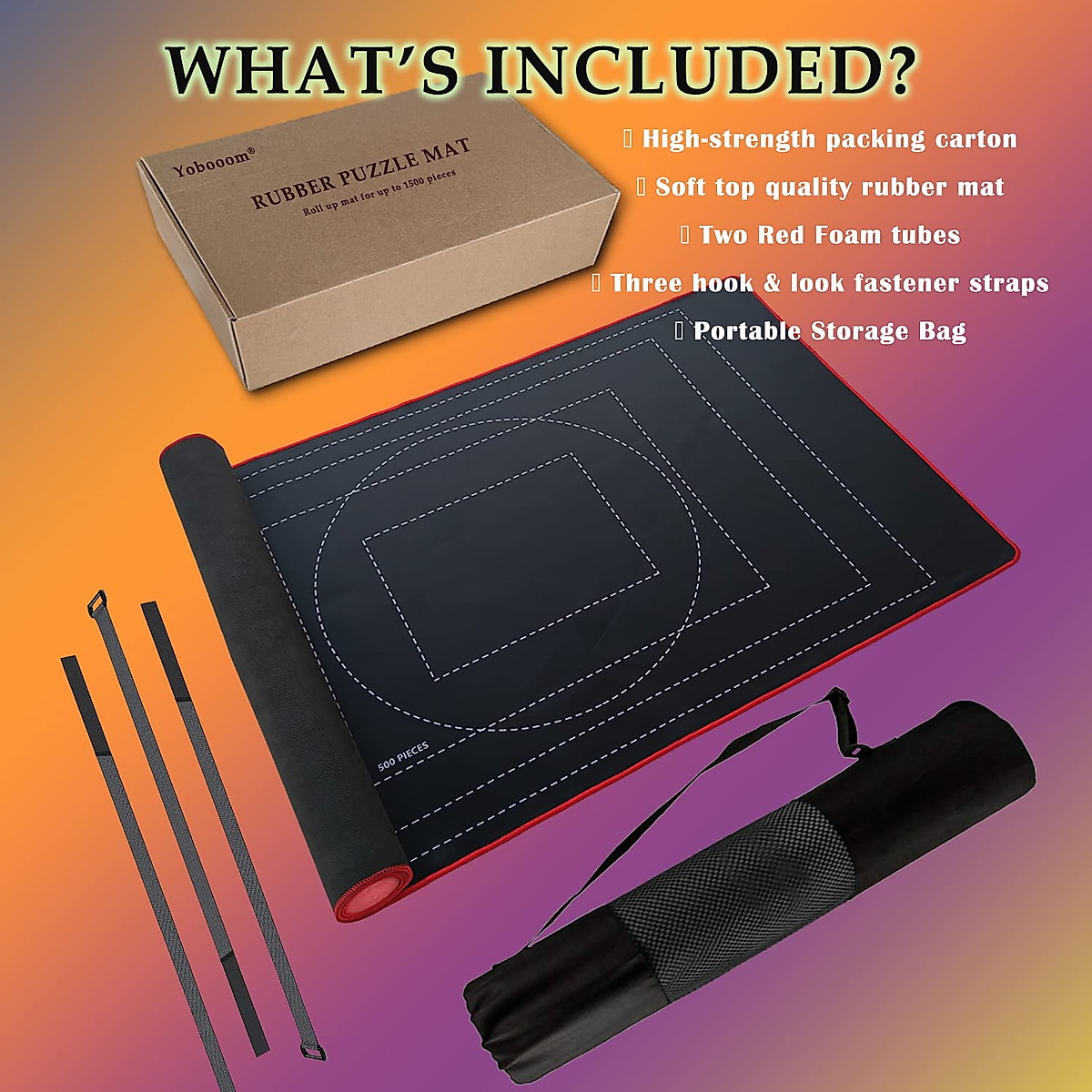 Rubber Jigsaw Puzzle Mat Roll Up Saver Pad Storage Up to 1500 Pieces 46" x 26" Portable Non-Slip Smooth Polyester Top Rubber Bottom Foam Rolling Tube with Storage Bag, 3 Hook & Loop Fastener Straps