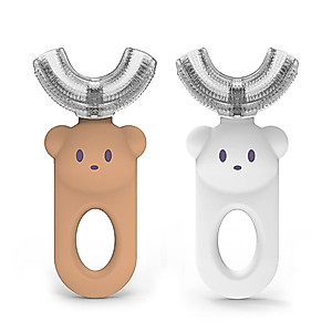 lewedo Kids U-Shaped Toothbrush 2 Pcs, 360 All Around U Shaped Toothbrush, Liquid Silicone U-Shaped Cartoon Kids Brush for Age 2-6, Brown & White