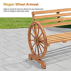 FDW Wooden Wagon Wheel Bench Outdoor Patio Furniture Lounge Furniture 2-Person Seat Bench for Backyard, Patio Garden Rustic Country Design w/Slatted Seat and Backrest,Log Color