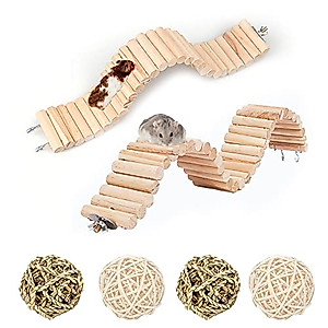 kathson 6 Pcs Wooden Hamster Suspension Ladder Bridge,Bendable Long Climbing Ladders Pet Cage Toy Accessories Hideout Natural Chew Balls for Mouse Chipmunk Rabbits and Other Small Animals