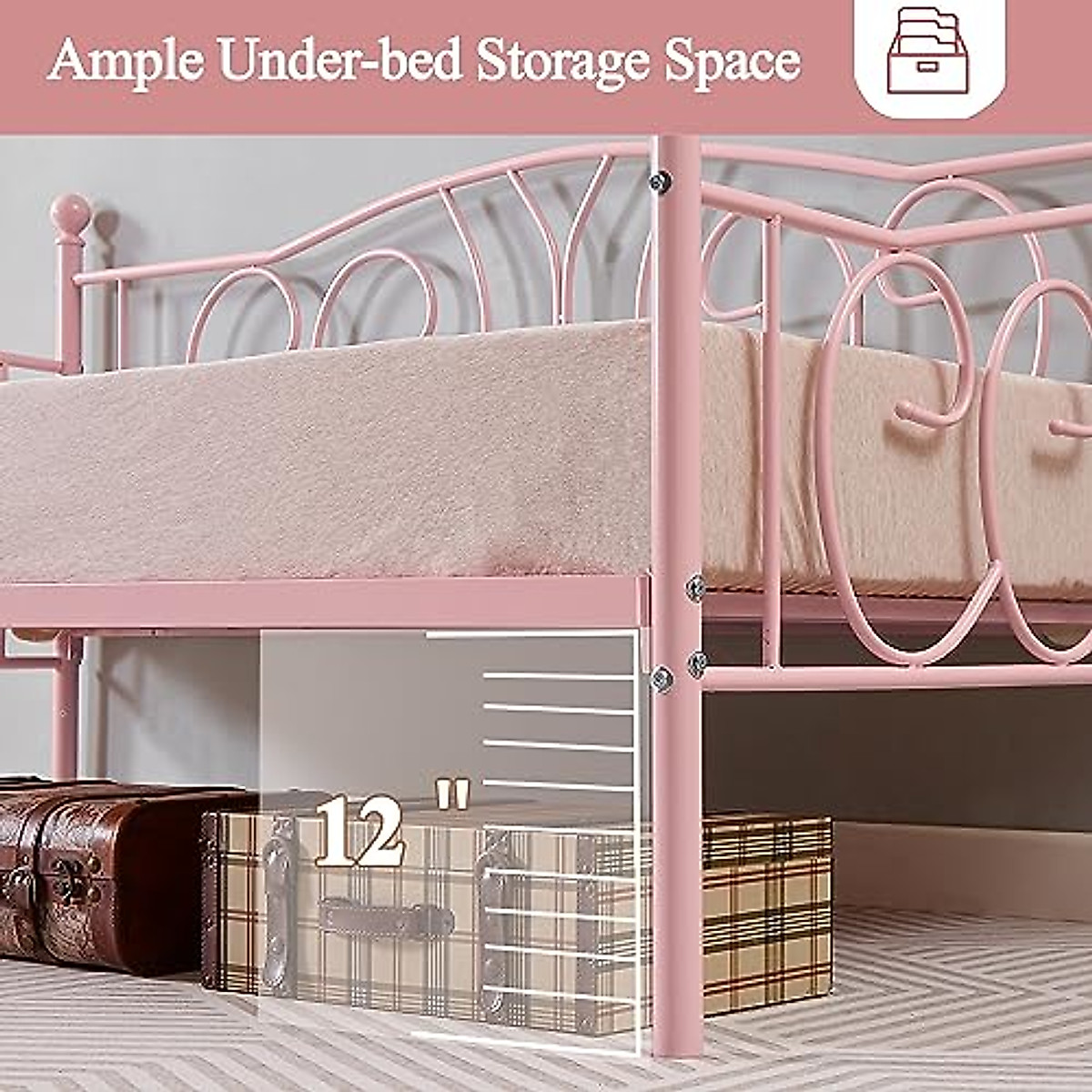 VECELO Metal Daybed Frame Multifunctional Platform Bed Sofa Mattress Foundation with Deluxe Headboard, Twin, Pink