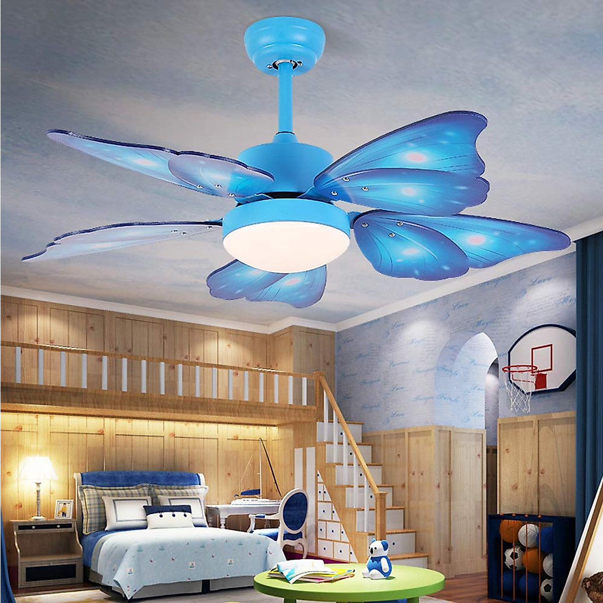 KWOKING Lighting Creative Butterfly Wing Ceiling Light and Fan with Remote Control 5 Blades LED Bedroom Hanging Fan Light Adjustable Speed for Kids Bedrooms - Blue