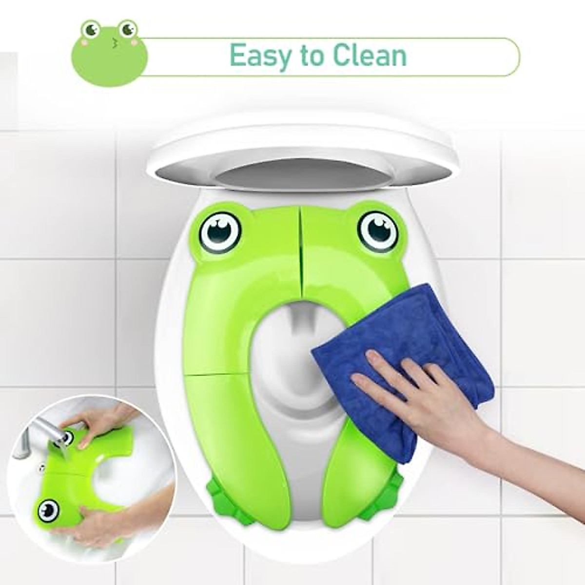 Pejoye Foldable Potty Toilet Training Seat, Travel Portable Toilet Seat Toddler, Folding Potty Training Seat for Kids with 6 Anti Slip Silicone Pads and 1 Carry Bag, Green Frog