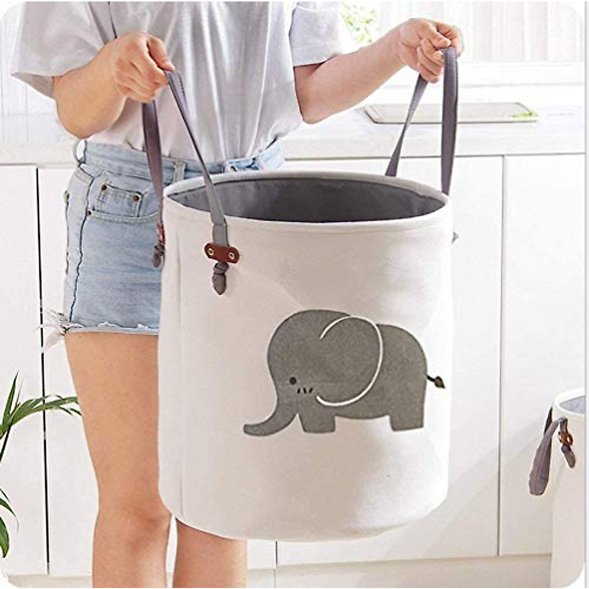 Storage Baskets,Cotton Foldable Round Home Organizer Bin for Baby Nursery,Toys,Laundry,Baby Clothing,Gift Baskets(Elephant)