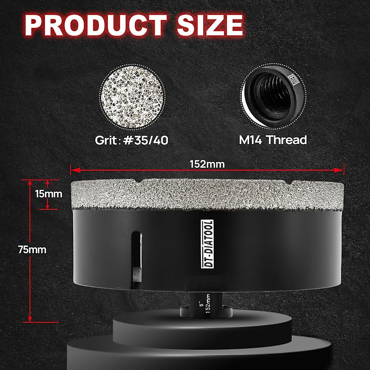 DT-DIATOOL Daimond Core Drill Bit 6 Inch Vaccum Brazed Hole Saw with 5/8"-11 thread Drilling for Procelain Tile Ceramic Stoneware Marble Granite Stone Brick