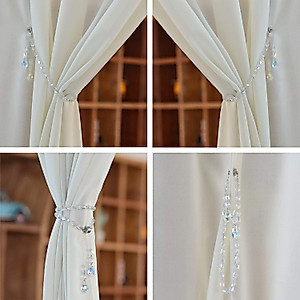 Magnetic Curtain Tiebacks,Crystal Beads Rope Drapery Holdbacks Holder for Small,Thin or Sheer Window Draperies,12 Inch Long,2 Pack (White)