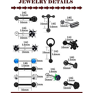 Prjndjw 14G Tongue Rings Surgical steel tongue piercing jewelry 5/8 inch 16mm Skull Heart Flower T Shape Koosh Spiky Silicone Soft Spike Ball Door Knocker Tongue Ring Body Piercing Jewelry Retainer