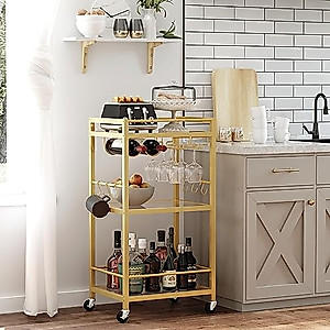 TUTOTAK Bar Cart, Home Bar Serving Cart with 3-Tier Mirrored Shelf, Microwave Cart, Drink Cart, Mobile Kitchen Shelf with Wine Rack, Rolling Beverage Cart, Gold BC01BB033