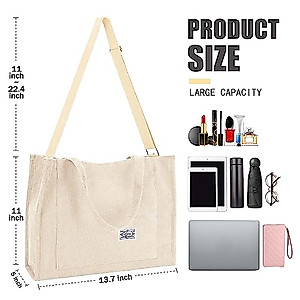 Corduroy Tote Bag for Women Small Satchel Bag Mini Tote Bag Aesthetic Crossbody Bag Handbag - School Work Travel Shopping(Beige)