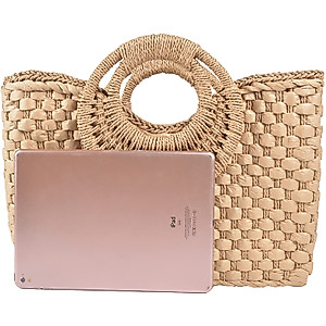 QZUnique Hand-woven Straw Bag Women Summer Beach Handbag Casual Satchel Retro Top Handle Tote Clutch