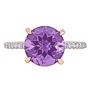 Abbie+Cleo Womens Round Cut Purple Amethyst and White Topaz Gemstone 4-Prong Solitarie Ring in Rose Gold Flash Plated Sterling Silver, Size 5