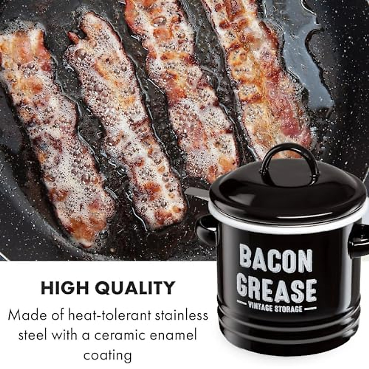 Granrosi Bacon Grease Container with Strainer - 36OZ Stainless Steel Bacon Grease Saver with Airtight Lid; Farmhouse Style Strainer - Black