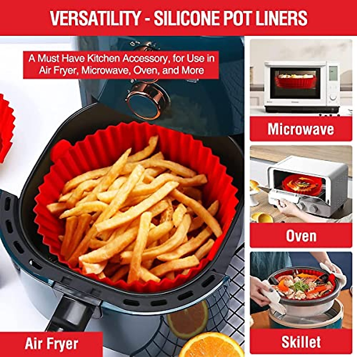 2 Pack Air Fryer Silicone Liners Pot for 3 to 5 QT, Air Fryer Silicone Basket Bowl, Replacement of Flammable Parchment Paper, Reusable Baking Tray Oven Accessories, Red+Blue, (Top 8in, Bottom 6.75in)
