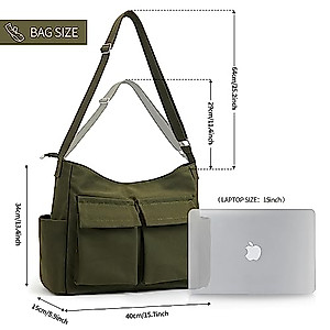 KALIDI Canvas Tote Bag, Messenger Bag with Pockets, Large Crossbody Bag for Women or Men, Casual Canvas Shoulder Bag for College Work Travel Daily, Army Green