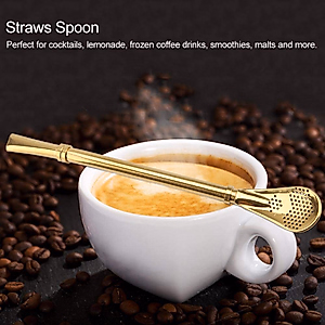 Multi function Drinking Straw, 4 in 1 Design Beverage Straw Tea Filter stirring rod and Fruit Spoon Made of 304 Stainless Steel Food Safety and Easy Maintain for Home Office Cafes Bar (Gold)