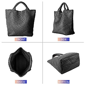 Ann Bully Woven Bag for Women, Vegan Leather Tote Bag Large Summer Beach Travel Handbag and Purse Retro Handmade Shoulder Bag-Black