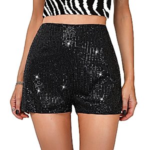 TRCKPOL High Waisted Sequin Shorts for Women Elastic Straight Leg Sparkly Glitter Party Shorts Black