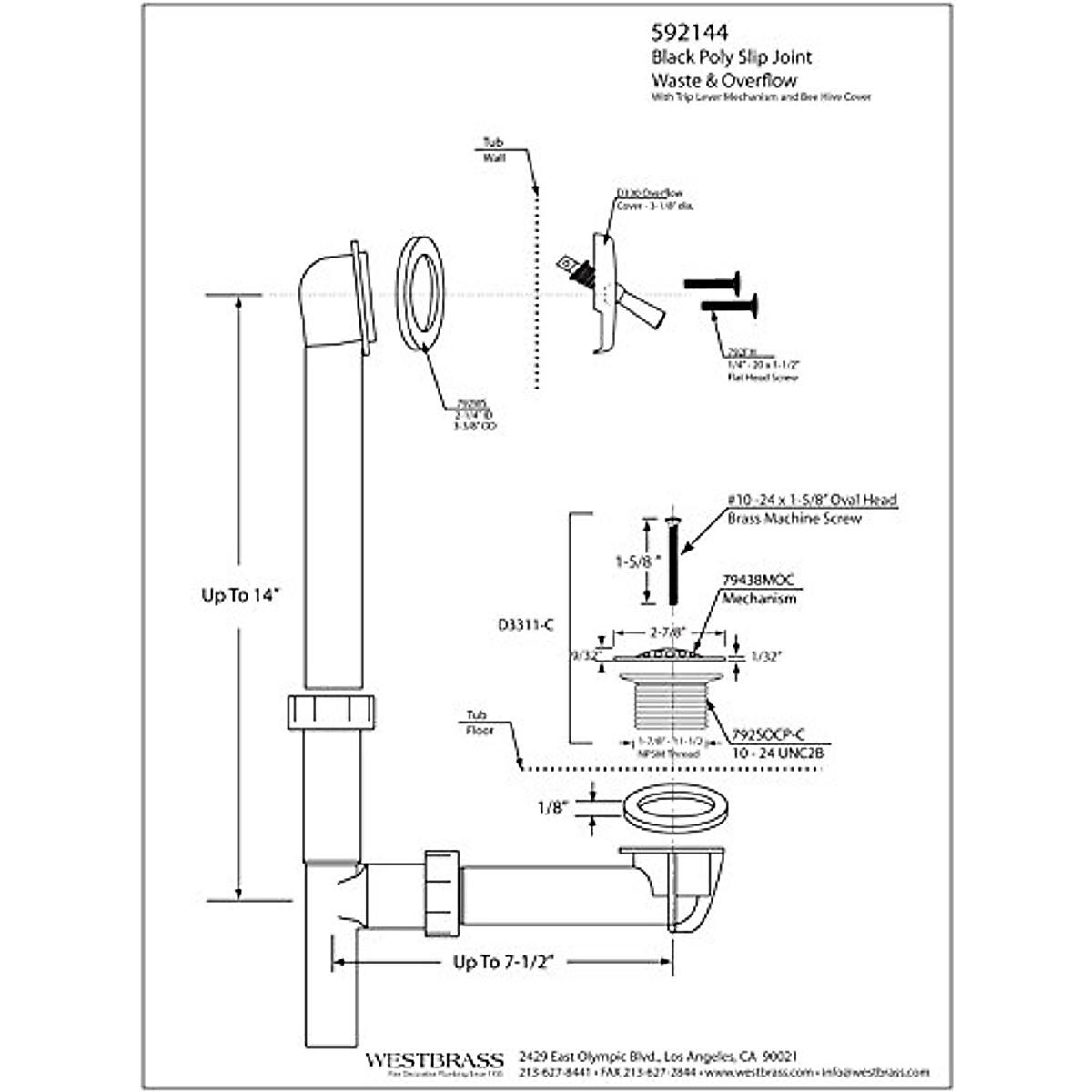Westbrass 592144-62 Black 1-1/2" Tubular Trip Lever Bath Waste Drain Kit, Matte Black