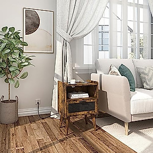 YAUKOMEL Nightstand with Charging Station, End Table with Drawers, Rattan Furniture, Bed Side Table, End Table, Rattan Nightstand with Boho Desk for Living Room, Rustic CTG58BE