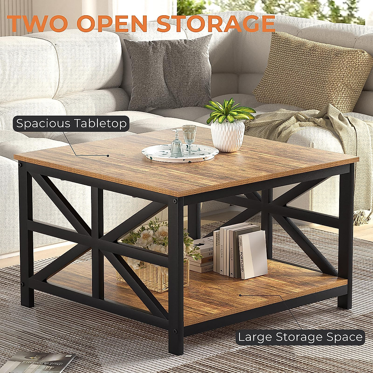 GreenForest Coffee Table with Storage, 27.6 inch Square Coffee Table, Seamless One-Piece Tabletop Design, Small Coffee Tables for Living Room, Farmhouse Sofa Table, Rustic Center Table, Walnut