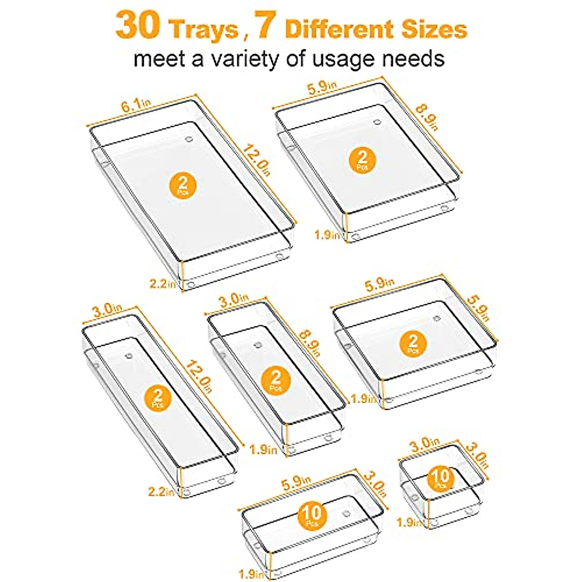 SMARTAKE 30-Piece Drawer Organizer with Non-Slip Silicone Pads, 7-Size Desk Drawer Organizer Trays Storage Tray for Makeup, Jewelries, Utensils in Bedroom Dresser, Office and Kitchen (Clear)