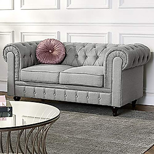 Container Furniture Direct Grace Collection Chesterfield Button Tufted Bonded Leather Living Room Loveseat, Grey