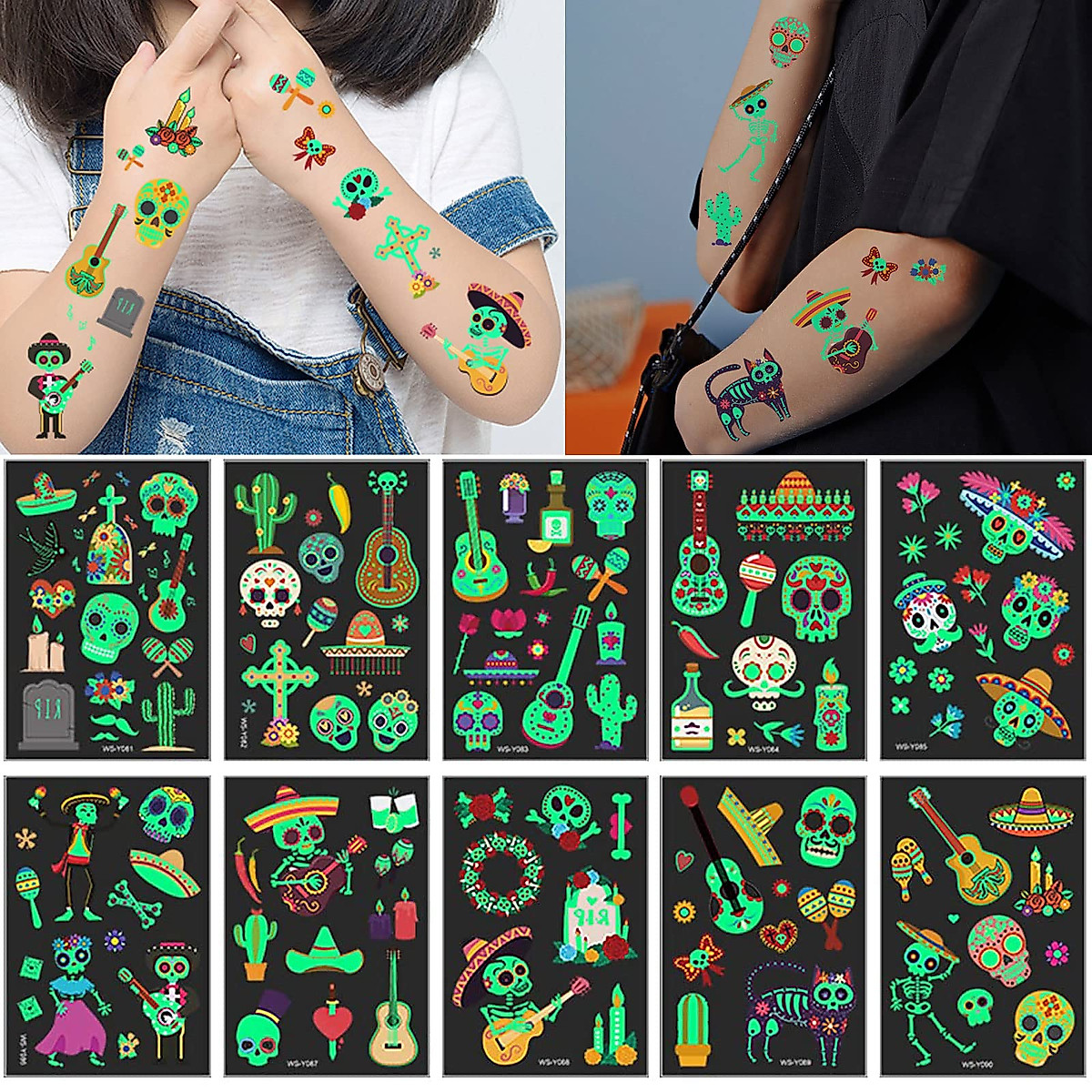 Day of the Dead Luminous Halloween Temporary Tattoo for Kids Adults, 125PCS Waterproof Fake Face Tattoos, Body Stickers Decorations Glow in the Dark, Makeup Party Favors Supplies Decor Boys Girls