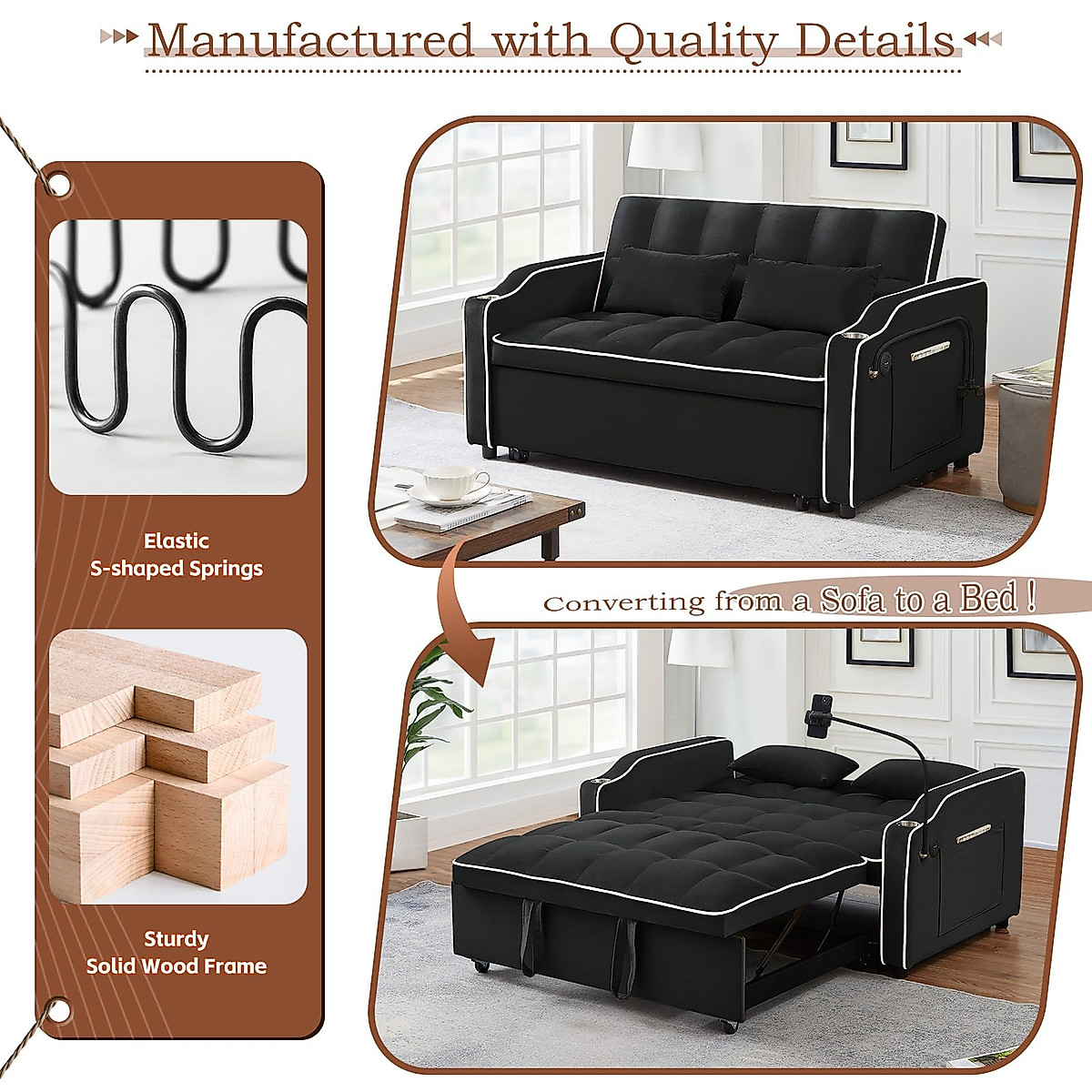 Pull Out Sofa Bed with Phone Holder, Convertible Velvet Loveseat Sleeper with 2 USB Charging Ports, Modern Futon Couch with Cup Holders and Adjustable Backrest, Small Love Seat for Living Room, Black