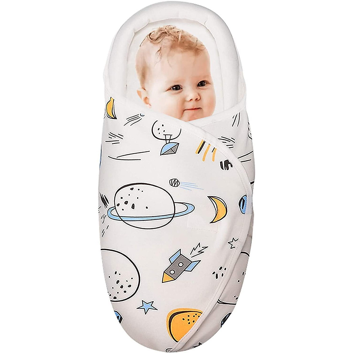 Knirose Baby Swaddle Blankets, Unisex Baby Blanket Wrap for Newborn Baby Boys Girls, Skin Friendly Wearable Swaddle Sleep Sack Made of Combed Cotton (Planet, White, 0-3 Months)