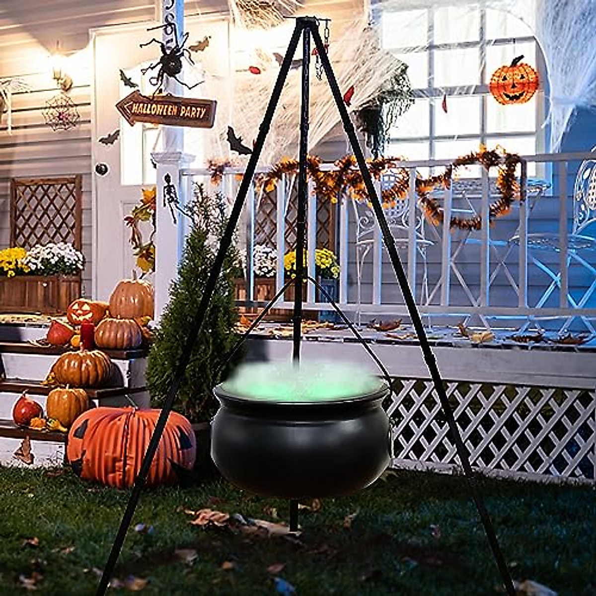Halloween Cauldron Decorations Outdoor - Large Witches Cauldron on Tripod with Lights, Black Plastic Cauldron Decor with Timer Lights, Cauldron Witch Halloween Decorations for Porch Yard Lawn Outside