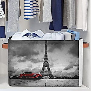 Large Collapsible Storage Bins ,Paris Eiffel Tower Car Decorative Canvas Fabric Storage Boxes Organizer with Handles，Rectangular Baskets Bin for Home Shelves Closet Nursery Gifts