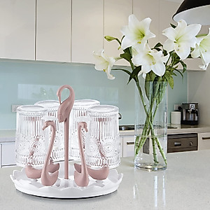 MOLIGOU Cup Drying Rack, Mug Dryer Rack with Drip Tray, Rotating Bottle Drying Stand Holder for Kitchen Counter, 6 Holders (Pink Swan)