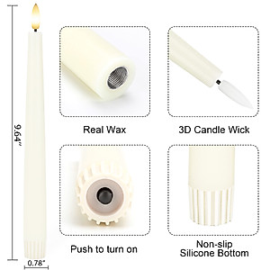 Flameless Taper Candles with 3D Wick, 9.6" Real Wax LED Candles with Remote and Timer, 3 Pack Flickering Candlesticks Battery Operated, Classic Tall Taper Candles for Home, Wedding, Party, Ivory