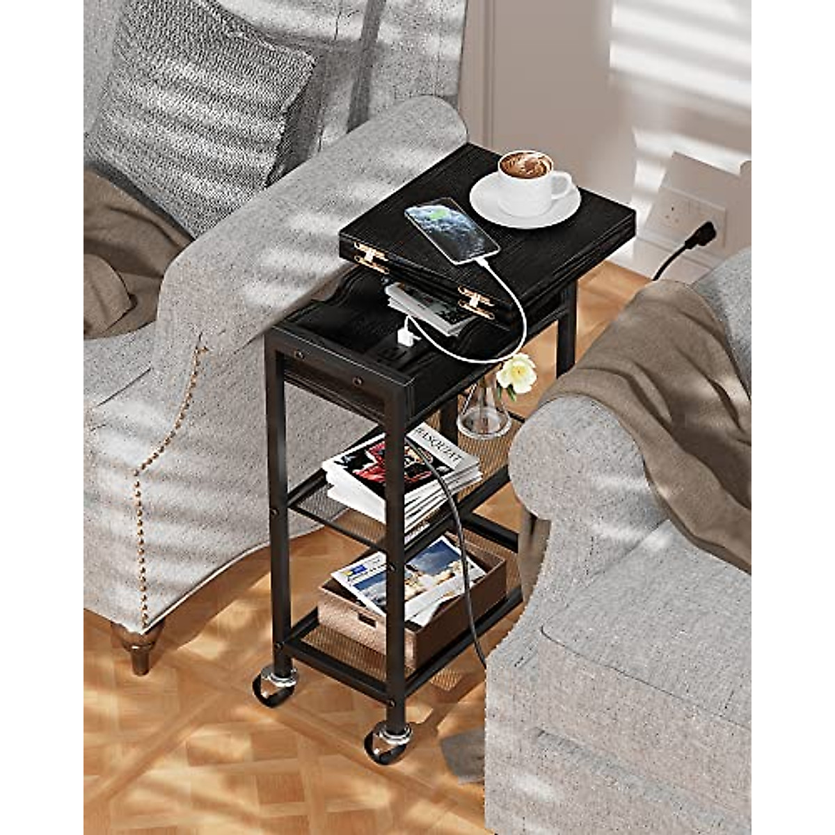 Egepon End Table with Charging Station, Side Table Narrow Flip Top with USB Ports & Power Outlets for Small Spaces, Sofa Table Nightstand with Storage Shelves Rolling Wheels for Living Room Bedroom