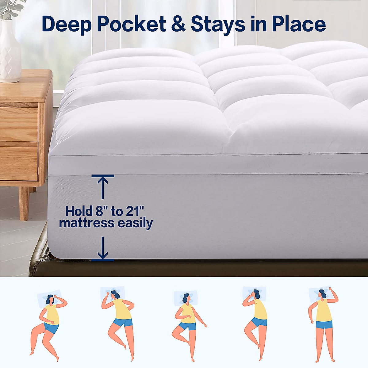 SOPAT Mattress Topper Queen Size Extra Thick Mattress Pad Plush Top 8-21" Deep Pocket Soft Down Alternative Fill Mattress Protector Pillow Top Mattress Cover (60x80 Inches, Plush White)