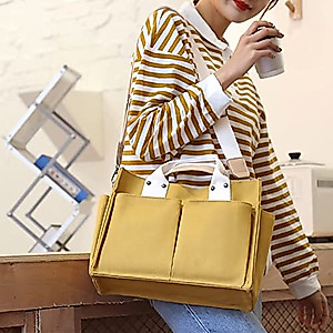 Mudono Canvas Tote Bag for Women Causal Multi Pockets Crossbody Purse Large Messenger Shoulder Bag Travel Everyday Handbag