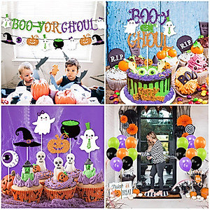 Halloween Gender Reveal Party Decoration Boo-y or Ghoul Baby Shower Banner Cake Cupcake Topper Purple Green Balloons Fall Boy Or Girl Sex Announcement Ideas Favor Supplies