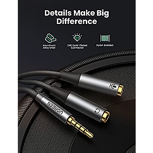 UGREEN Headphone Splitter Headset Splitter Audio Mic Y Adapter Braided 3.5mm TRRS Male to 2 Female Cable with MIC Compatible with PS5 PS4 Xbox One Controller, Phone to Earphone, Gaming Speaker