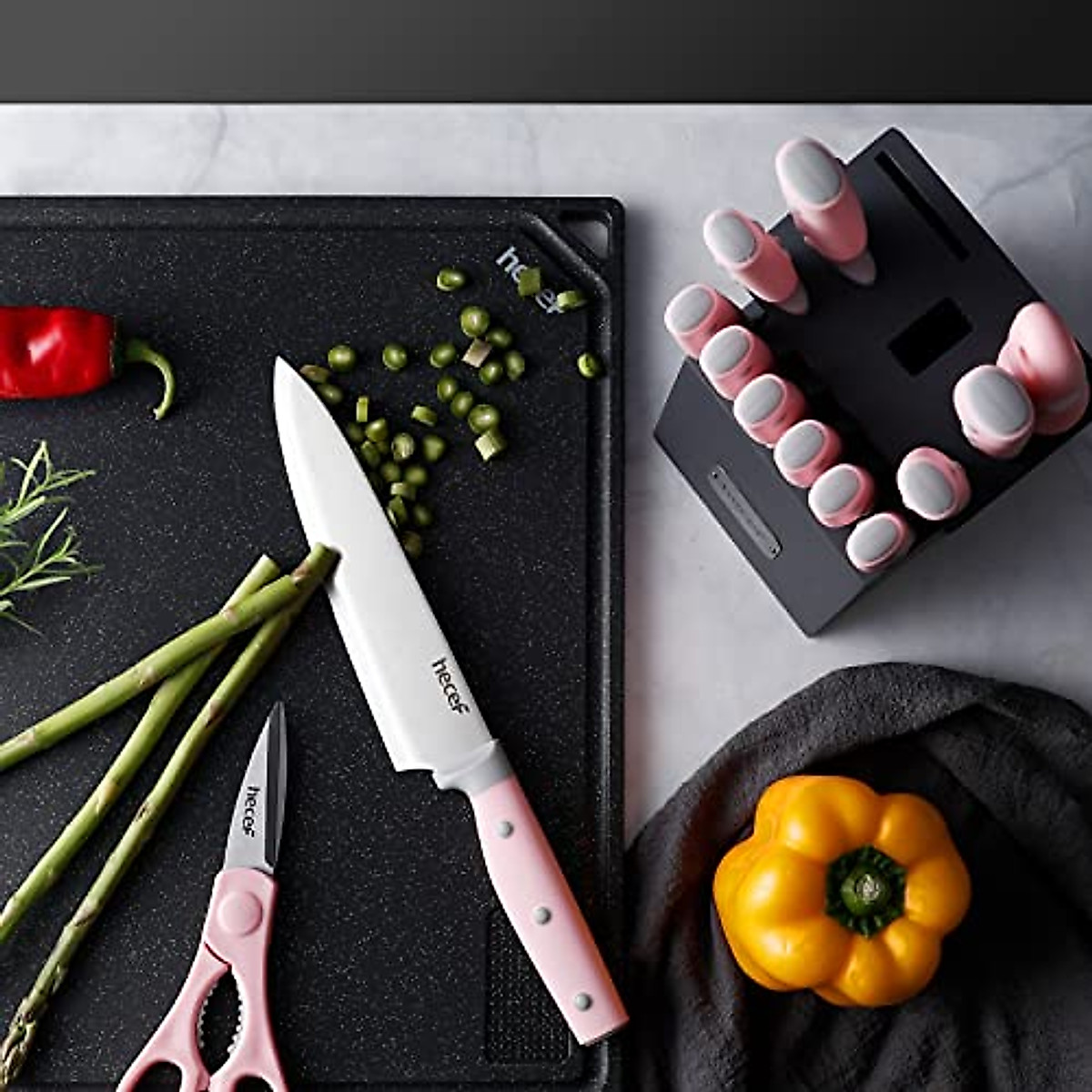 hecef Kitchen Knife Block Set, 14 Pieces Knife Set with Wooden Block & Sharpener Steel & All-purpose Scissors, High Carbon Stainless Steel Cutlery Set, Mothers Day Gift Housewarming Birthday (Pink)