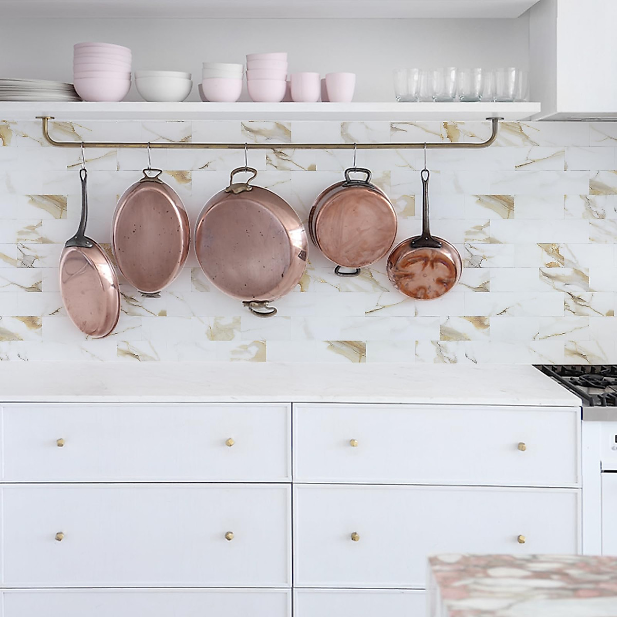 STICKGOO 10-Sheet Peel and Stick Backsplash for Kitchen, Stick on Kitchen Backsplash PVC Wall Tile, Calacatta Golden Self Adhesive Subway Tile