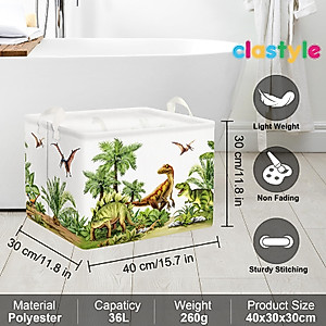 Clastyle 36L Large Green Forest Dinosaur Palm Tree Shelf Basket with Handle Collapsible Rectangle Toy Clothes Cube Storage Basket for Kids Room Nursery