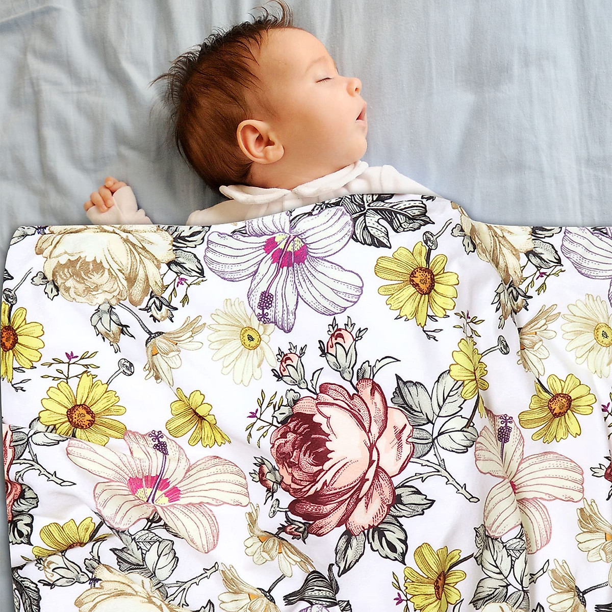 Crib Sheet Jersey Cotton, Floral Baby Blankets, Floral Toddler Blanket for Boys Girls, Dotted Backing, Double Layer, Crib Receiving Blanket, for Nursery/Stroller/Toddler Bed/Carseat, 30 x 40 Inch