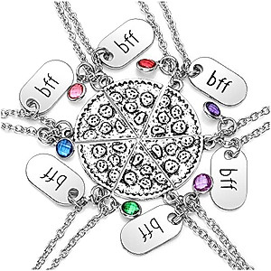 Top Plaza Womens Silver Tone Rhinestone Best Friends Forever BFF Necklace Engraved Pizza Pendant Necklaces 21 Inches - Set of 6