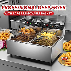 Commercial Deep Fryer with Baskets Stainless Steel Double Deep Fryer with 2 Baskets Capacity 10L X 2(21.2QT) Electric Countertop Fryer for Restaurant and Home Use, 110V 3400W